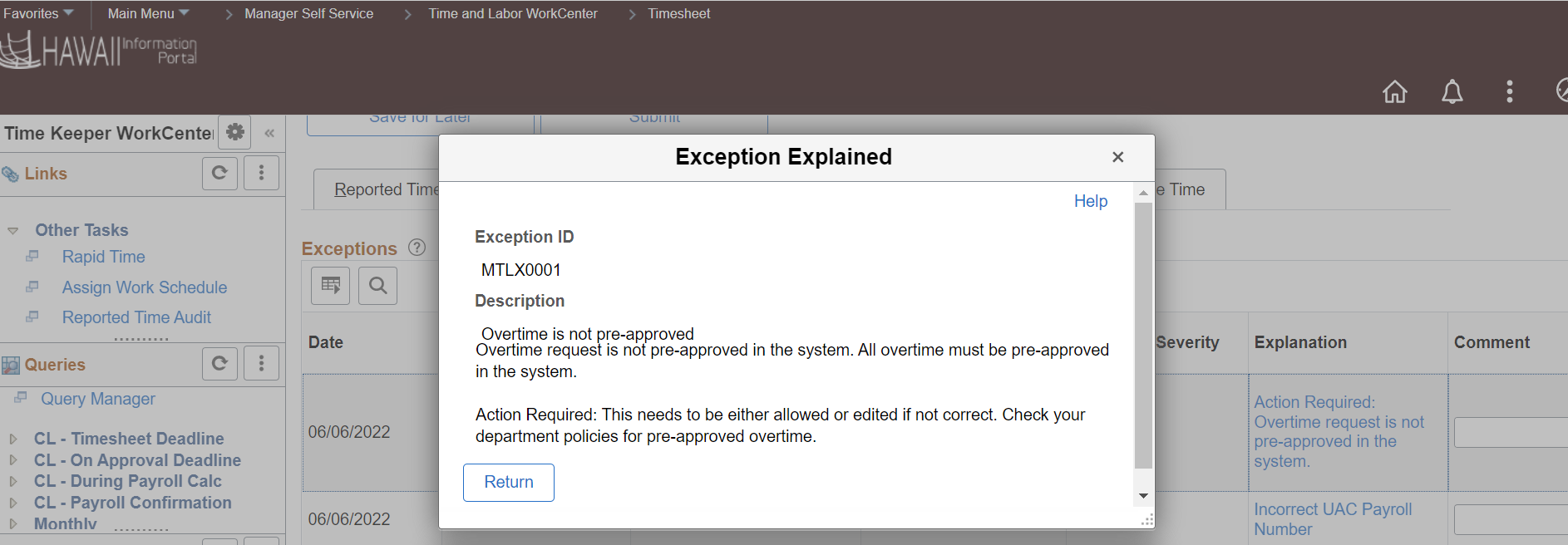 Hawaii Information Portal | Managing Exceptions