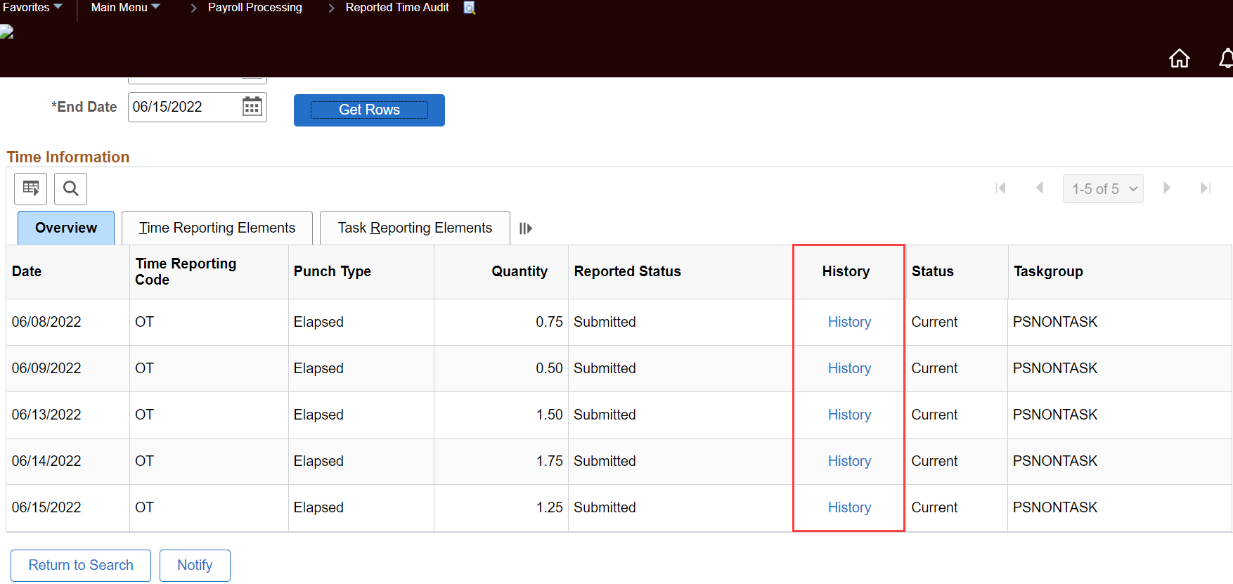 Hawaii Information Portal | Using The Reported Time Audit Screen